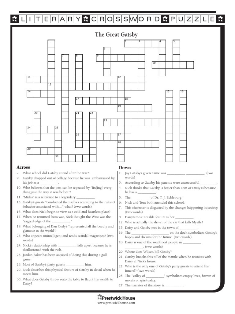 Literary Crossword Puzzle: The Great Gatsby | Download Free PDF | The ...