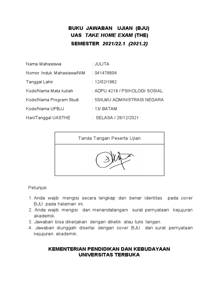 BJU THE UT - 041478804 JULITA - ADPU4218 Psikologi Sosial | PDF