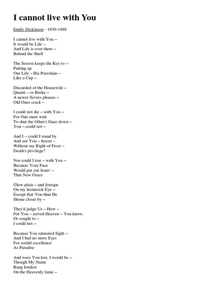 I Cannot Live With You | PDF | Emily Dickinson | Poetry