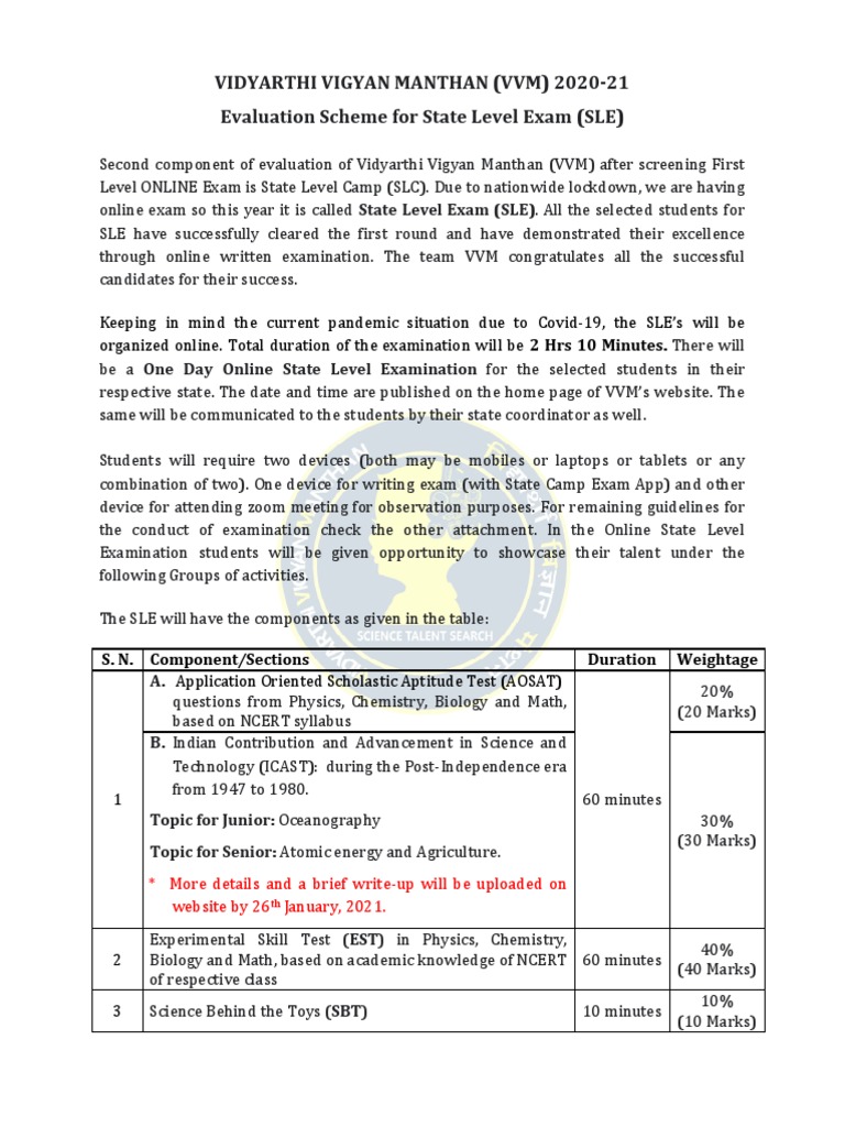 Vidyarthi Vigyan Manthan (VVM) 2020-21 Evaluation Scheme For State ...