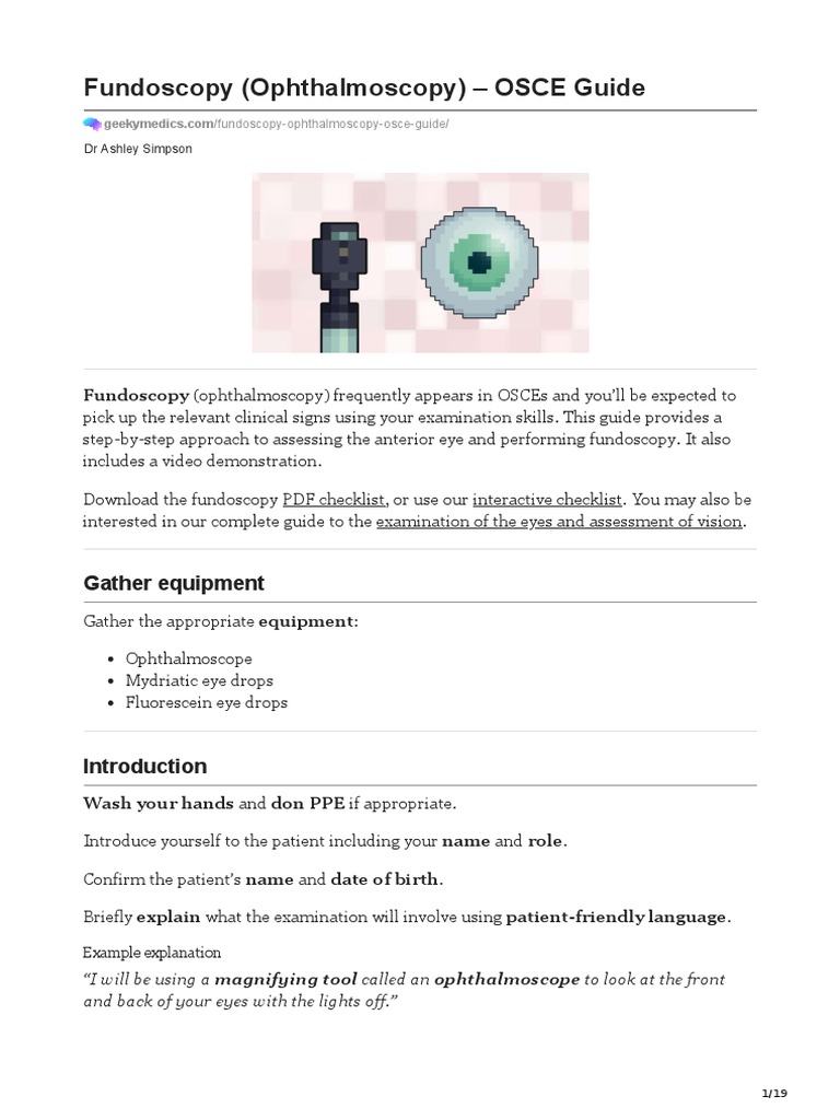 Fundoscopy Ophthalmoscopy OSCE Guide | PDF | Cornea | Retina