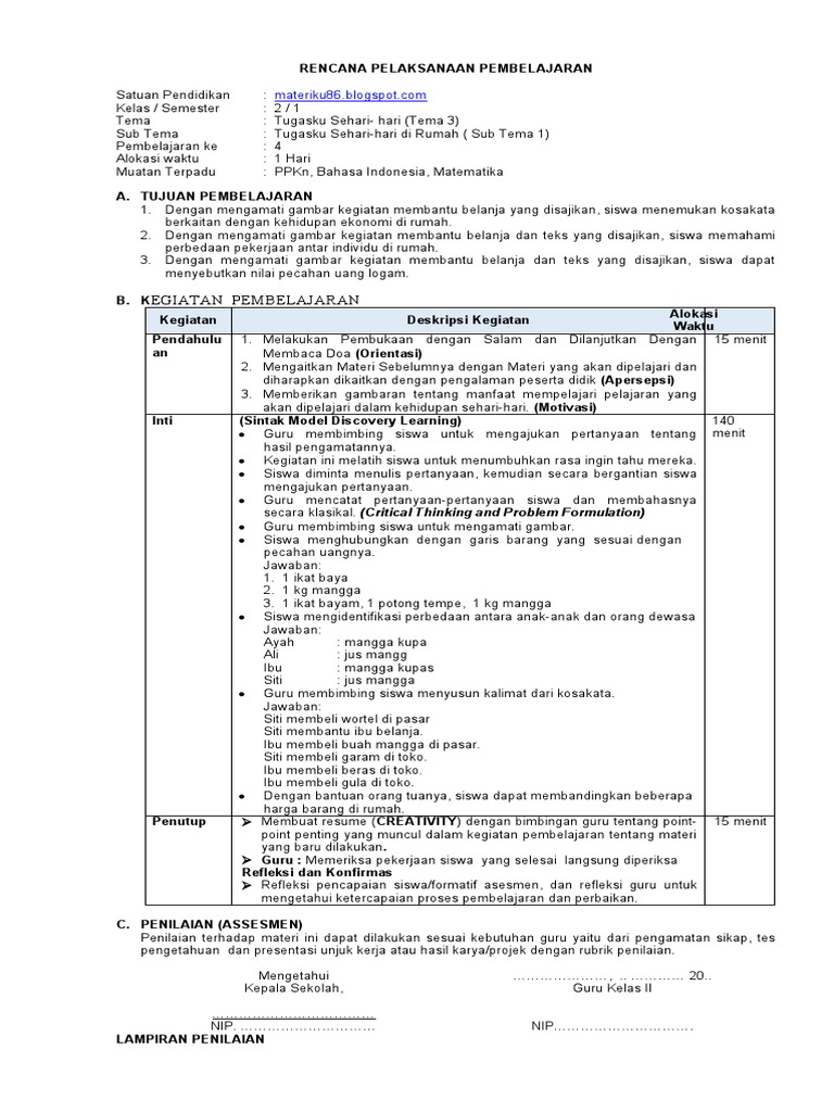 (Materiku86.Blogspot - Com) RPP Kelas 2 Tema 3 Subtema 1 Pembelajaran 4 ...