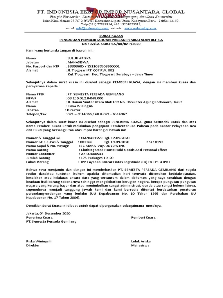 Pengajuan Pemberitahuan Pabean Pembatalan BCF 1.5 | PDF