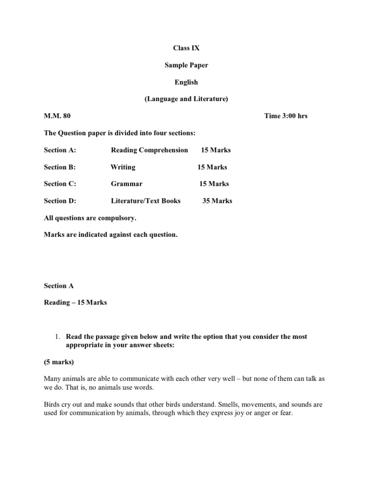 Class IX English and Grammar Sample Paper | PDF | Mouth | Emotions