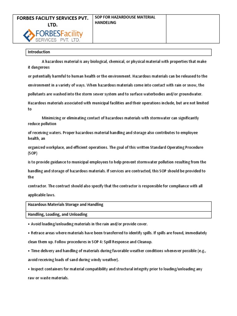 SOP for Hazardous Material Handling | PDF | Dangerous Goods | Stormwater