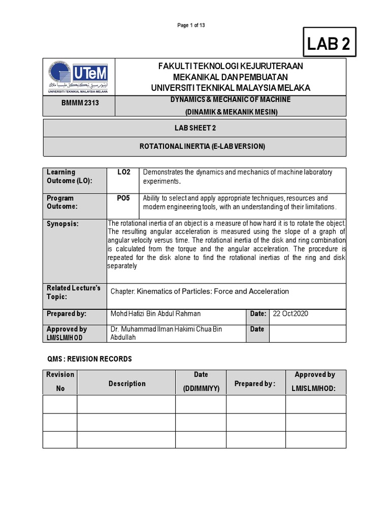 BMMM S1-1 Group 5 Rotational Inertia | PDF | Rotation Around A Fixed Axis | Torque