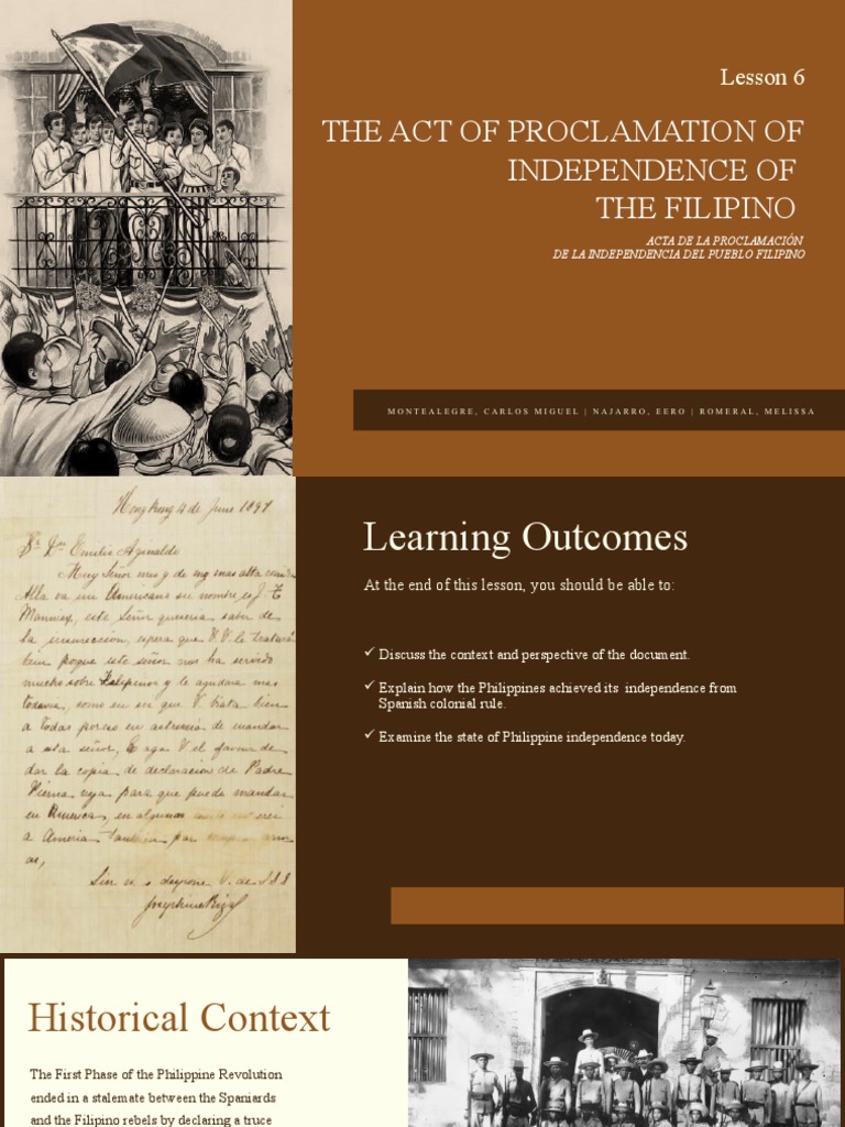 The Act of Proclamation of Independence of The Filipino: Lesson 6 | PDF ...