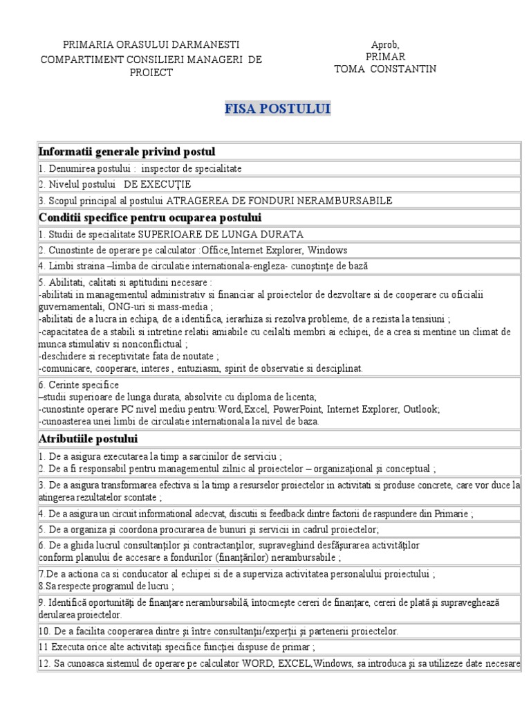 Fisa Post Management de Proiect | PDF