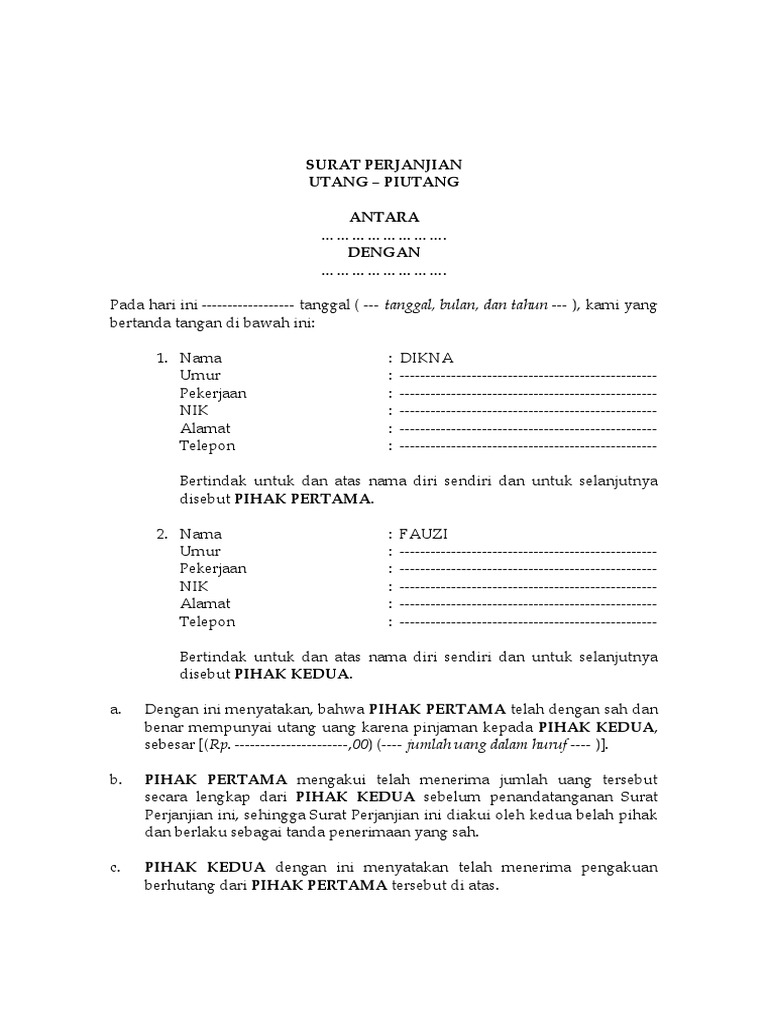 Contoh Surat Perjanjian Utang Piutang FH UII | PDF | Teknologi & Rekayasa