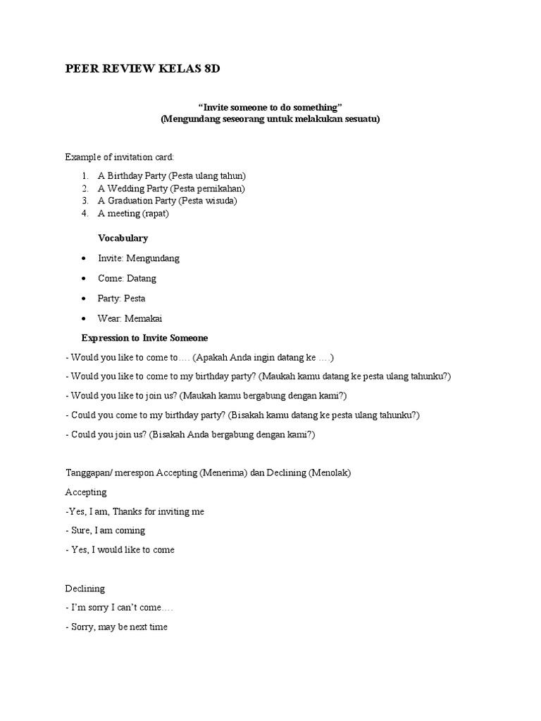 Peer Review Kelas 8D: "Invite Someone To Do Something" (Mengundang ...