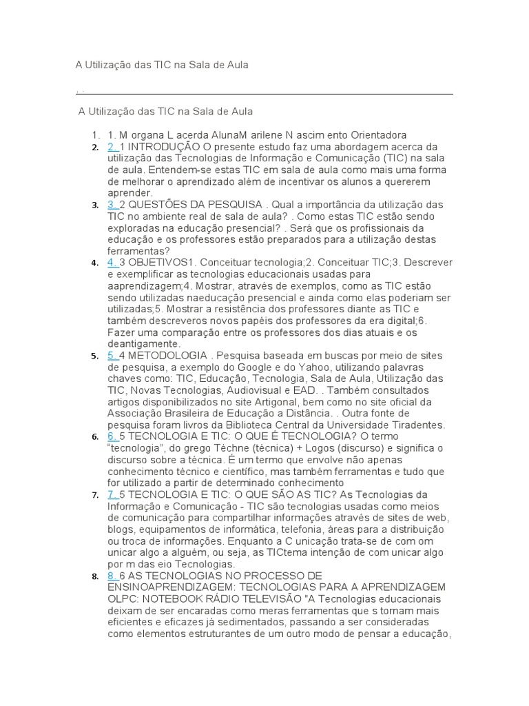 A Utilização Das TIC Na Sala de Aula | PDF | Tecnologia da Informação e ...