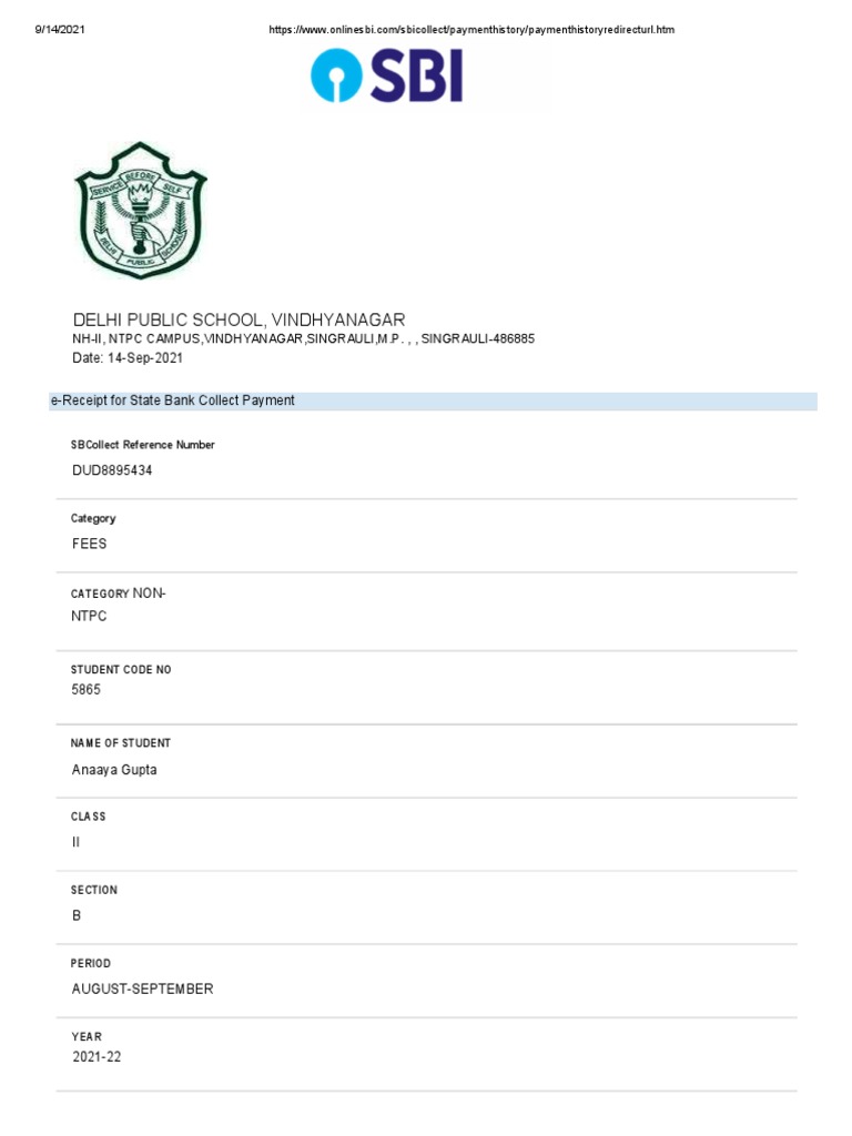 Delhi Public School, Vindhyanagar: Date: 14-Sep-2021 E-Receipt For ...