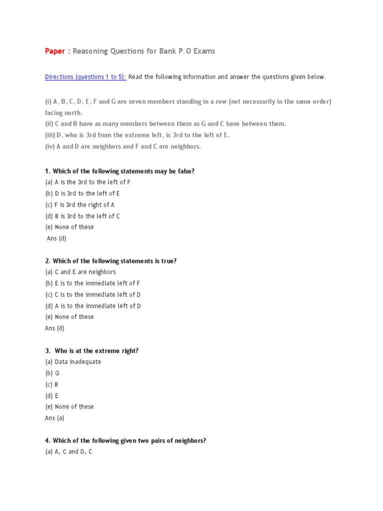 Reasoning Questions For Bank P.O Exams: Paper | PDF | English Language ...