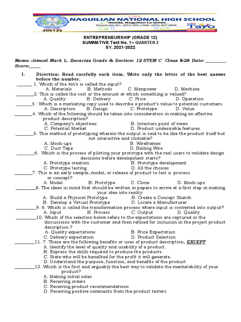 Entrepreneurship (Grade 12) SUMMATIVE Test No. 1 - SY. 2021-2022 | PDF ...