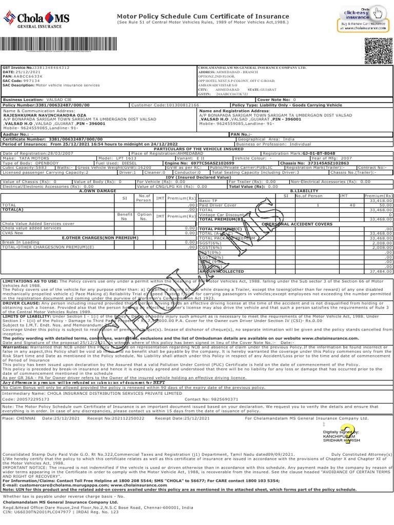 Chola MS: Motor Policy Schedule Cum Certificate of Insurance | PDF ...