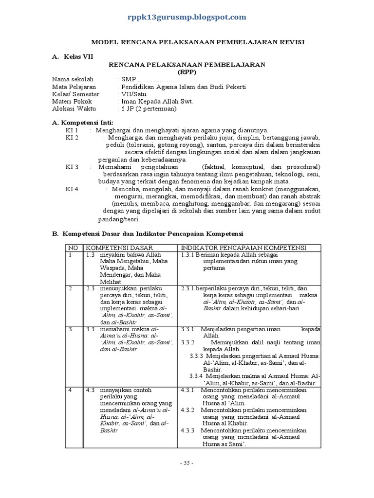RPP PAI SMP K13 Revisi Kelas VII | PDF