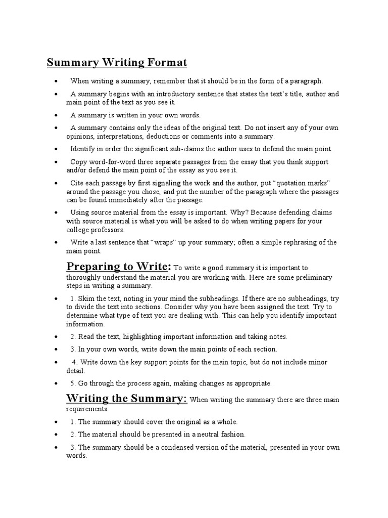 Summary Writing Format | PDF | Essays | Paragraph