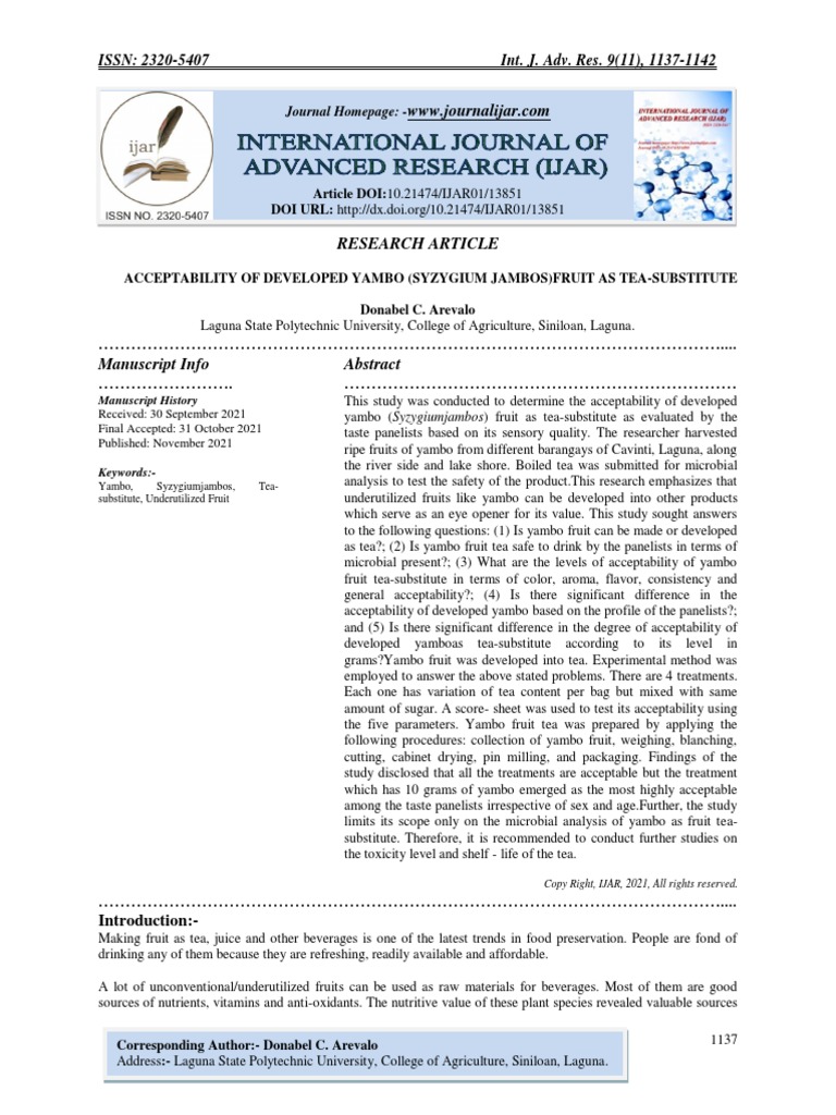 Acceptability of Developed Yambo (Syzygium Jambos) Fruit As Tea ...