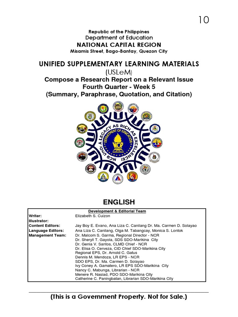 ENGLISH 10 - Q4 - Wk5 - USLeM RTP | PDF | Citation | Apa Style