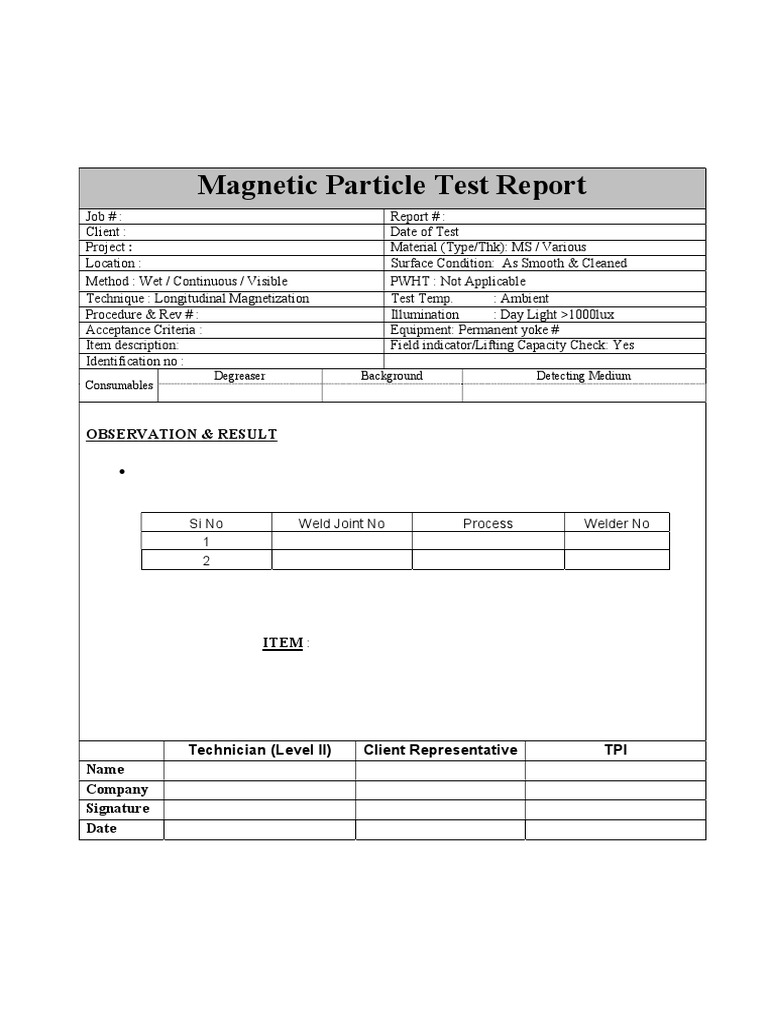 Magnetic Particle Test Report: Observation & Result | PDF