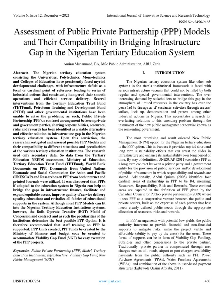 Assessment of Public Private Partnership (PPP) Models and Their Compatibility in Bridging ...