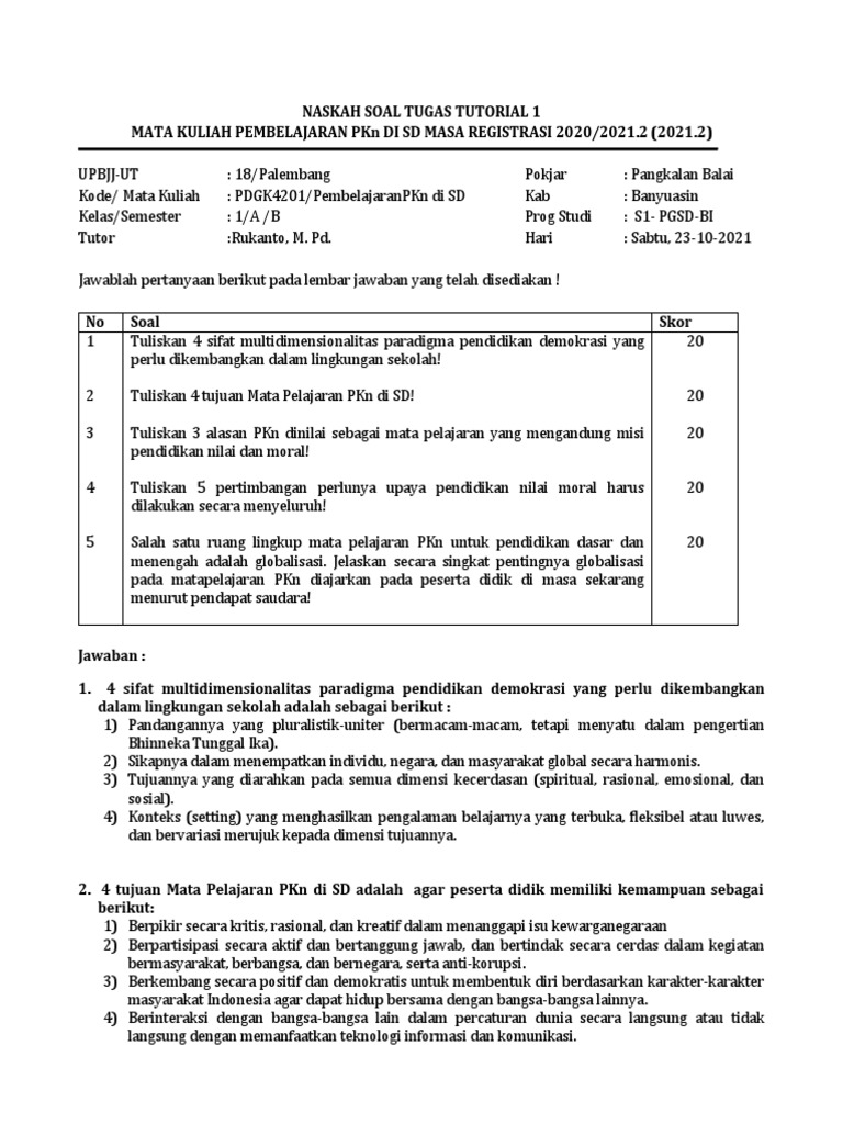 NASKAH SOAL TUGAS TUTORIAL 1 PKN | PDF | Karier & Perkembangan | Ilmu Sosial
