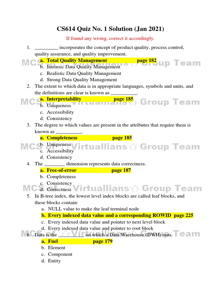 CS614 Updated Quiz 1 Solution BY MCS of Virtuallians | PDF | Database Index | Data Warehouse