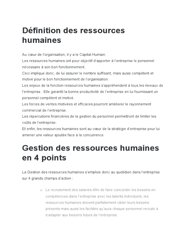 Définition des ressources humaines | PDF | Gestion des ressources ...