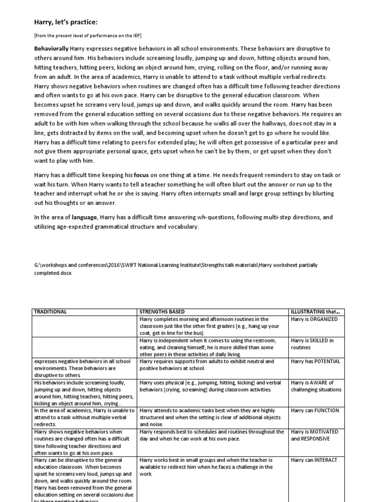 Strengths-Based Assessment for Harry | PDF | Classroom ...