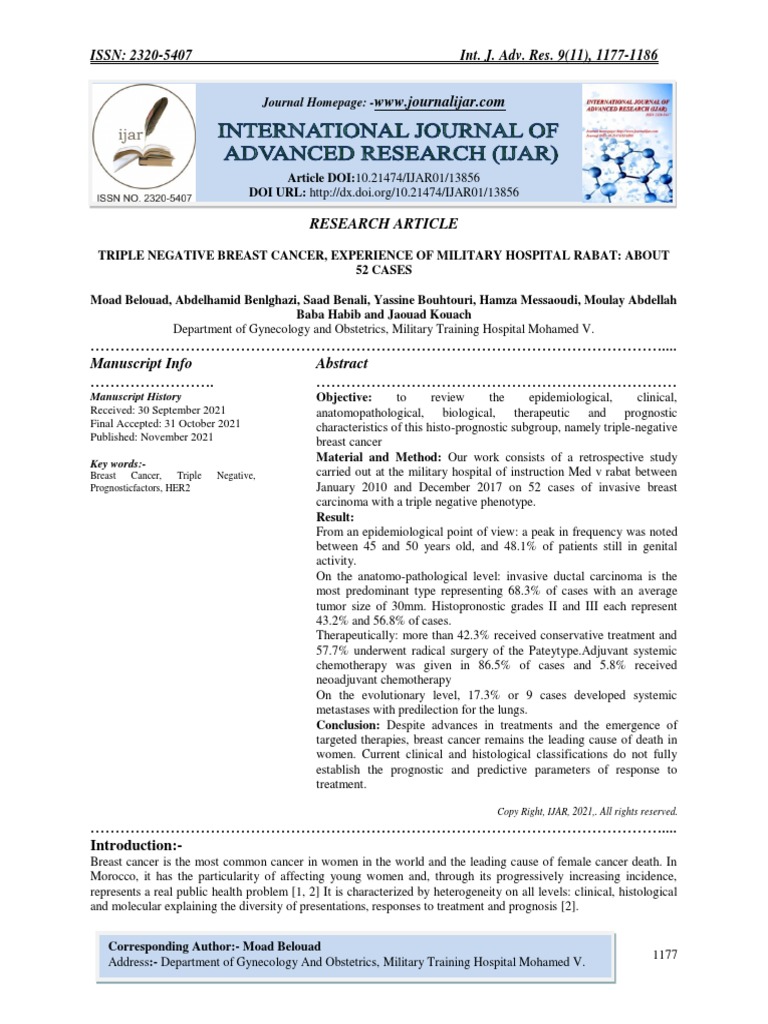 Triple Negative Breast Cancer, Experience of Military Hospital Rabat ...