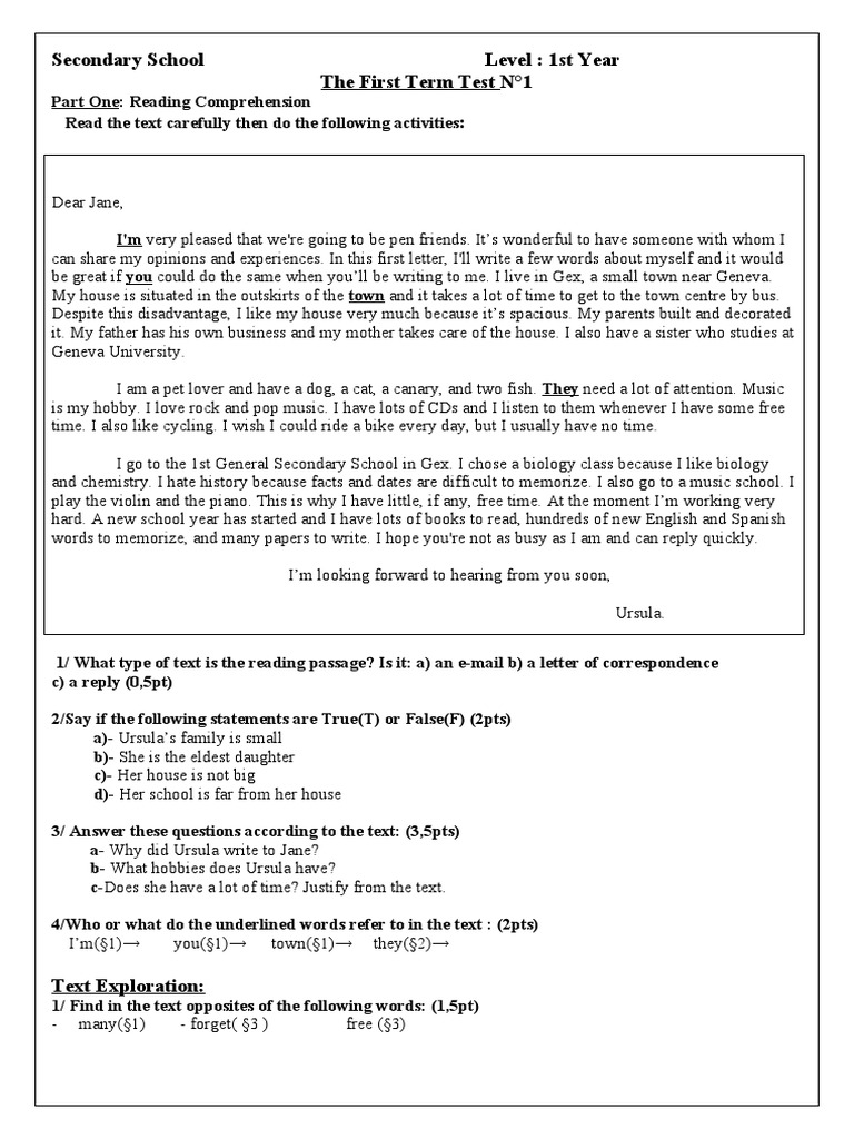 Secondary School Level: 1St Year The First Term Test N°1 | PDF