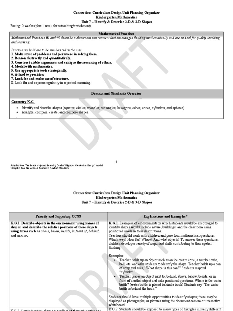 Kindergarten Geometry Unit 7 Overview | PDF | Shape | Curriculum