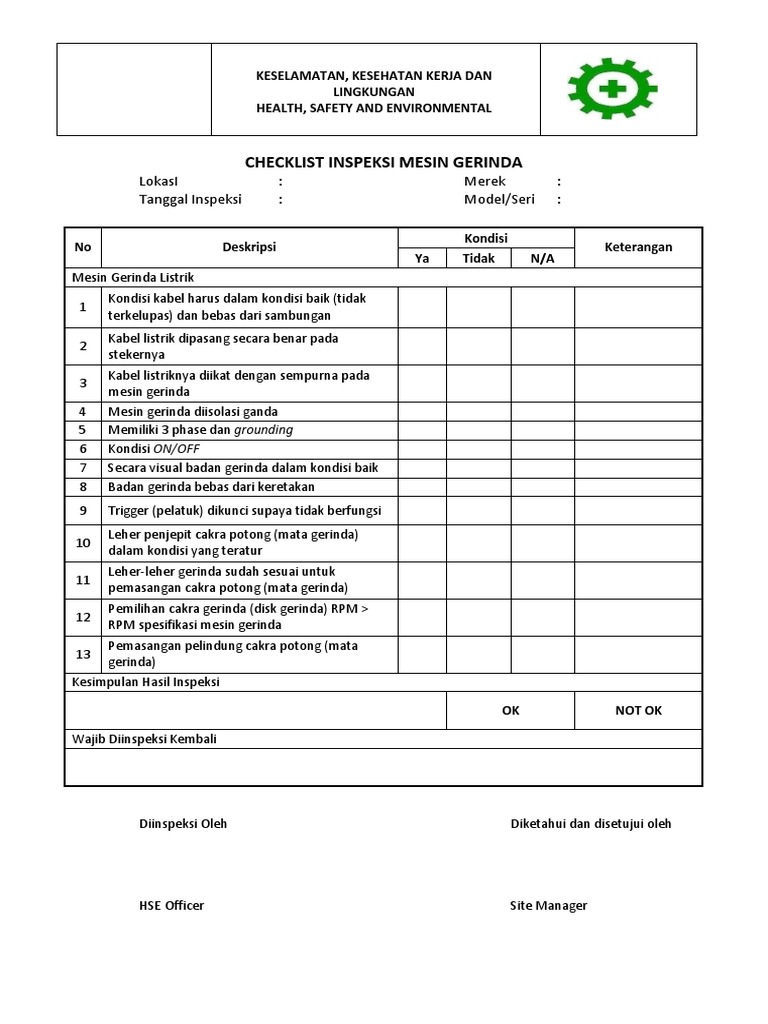 Checklist Inspection Grinding Machine | PDF