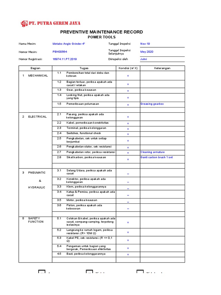 Checklist Inspeksi Power Tools | PDF