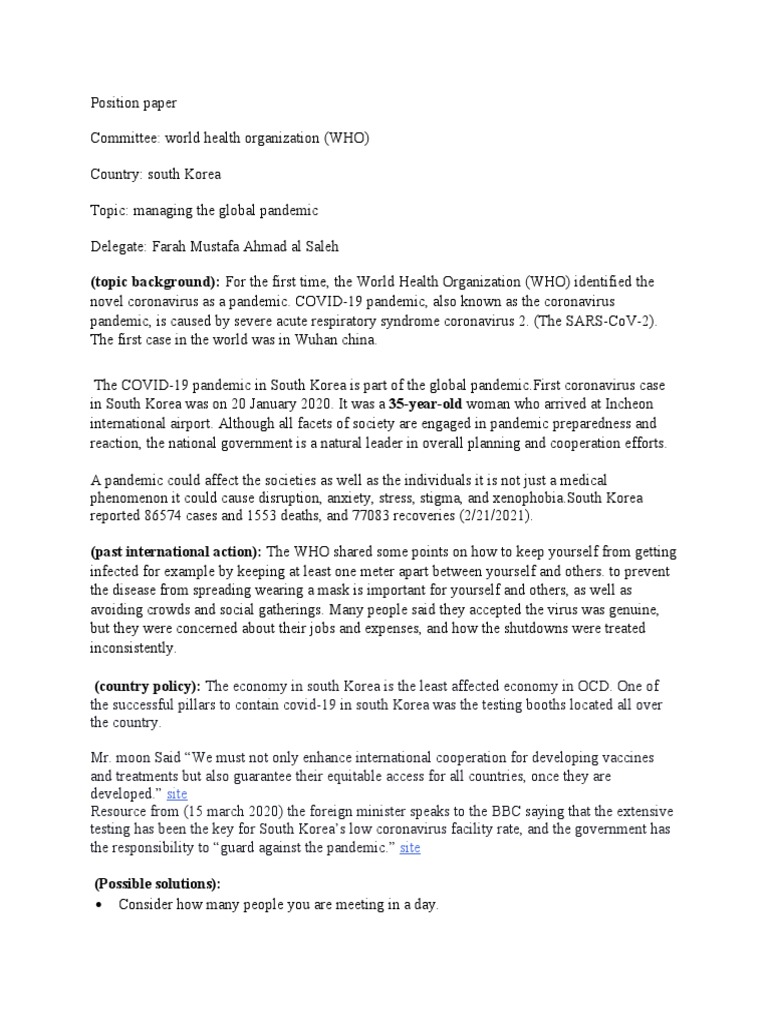 Position Paper For MUN | PDF | Pandemic | Biological Globalization