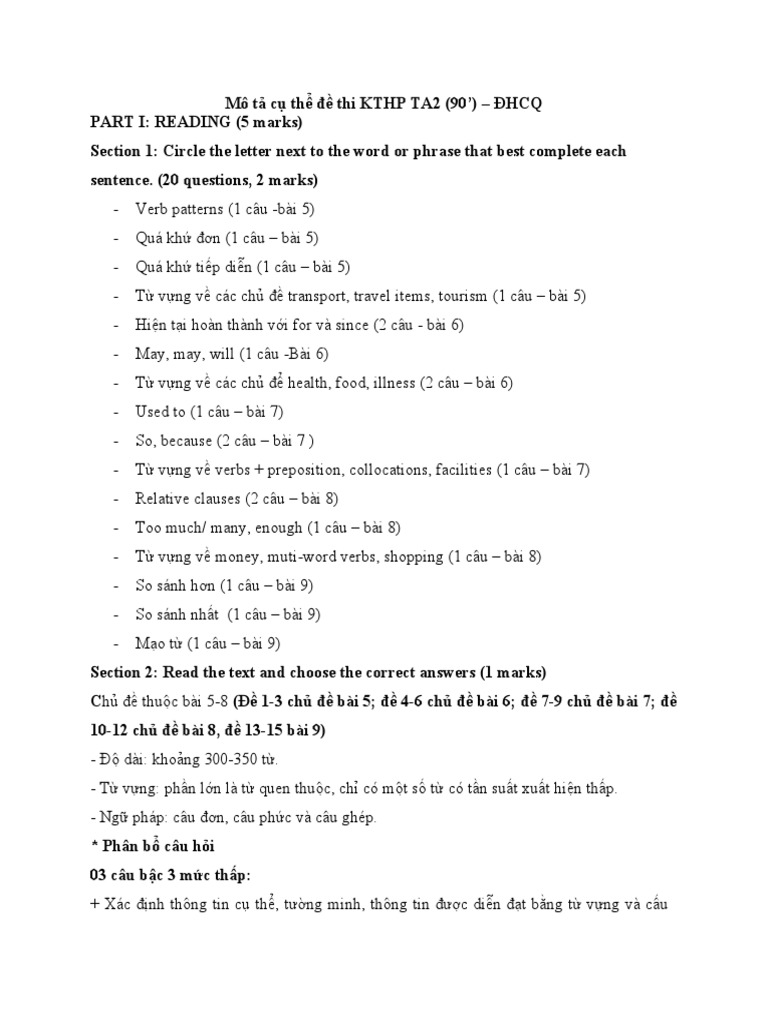 Mô tả cụ thể đề thi KTHP TA2 | PDF
