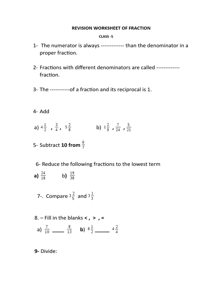 Revision Worksheet of Fraction | PDF