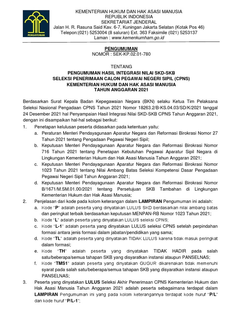 Pengumuman Hasil Integrasi SKD-SKB Seleksi CPNS 2021 | PDF