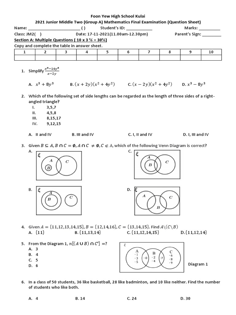 Foon Yew High School Kulai 2021 Junior Middle Two (Group A) Mathematics ...
