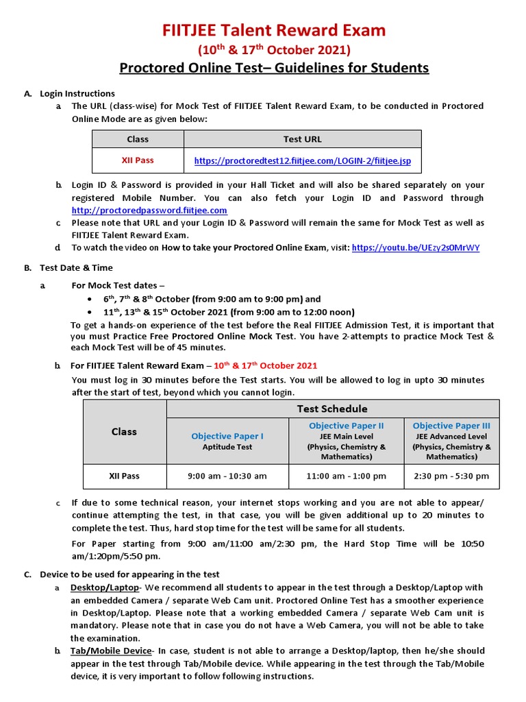 FIITJEE Talent Reward Exam: Proctored Online Test - Guidelines For ...