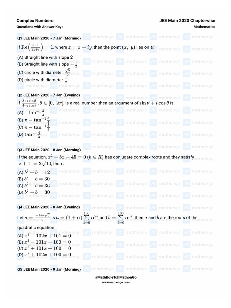 Complex Numbers Questions Jee Main 2020 Chapterwise Question Bank ...