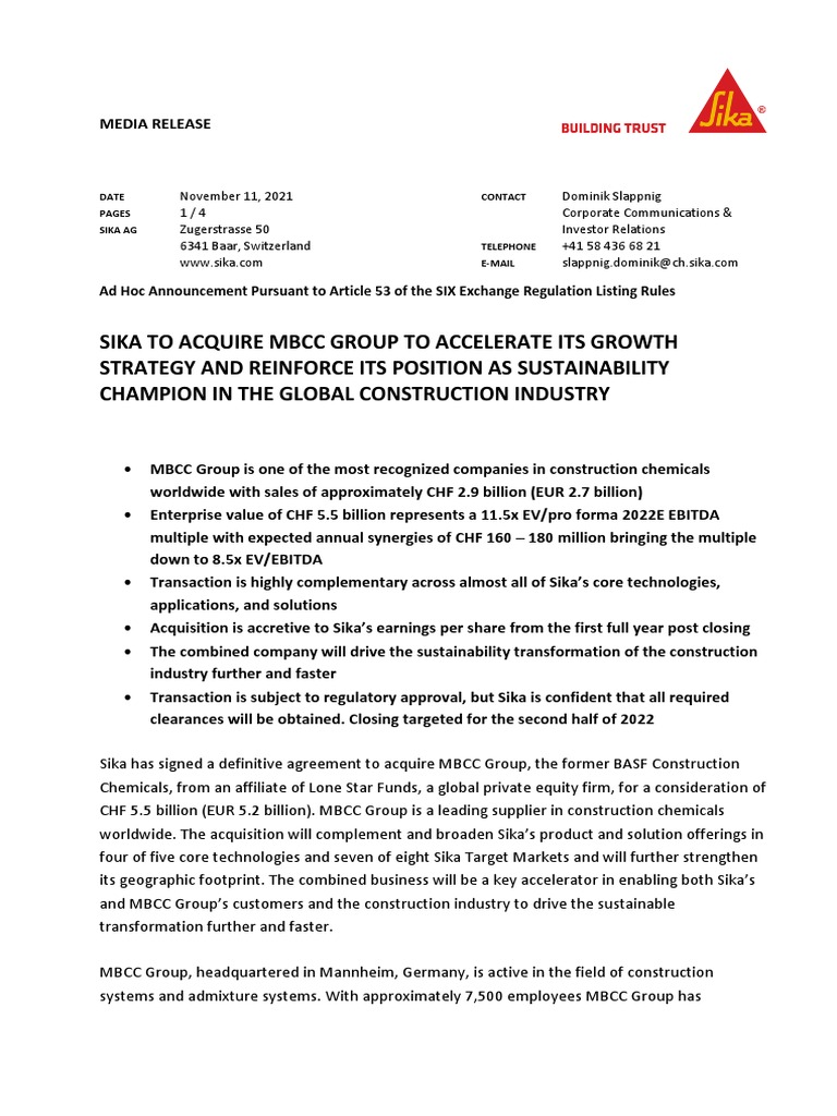 Sika to Acquire MBCC Group to Accelerate Growth Strategy and Reinforce ...