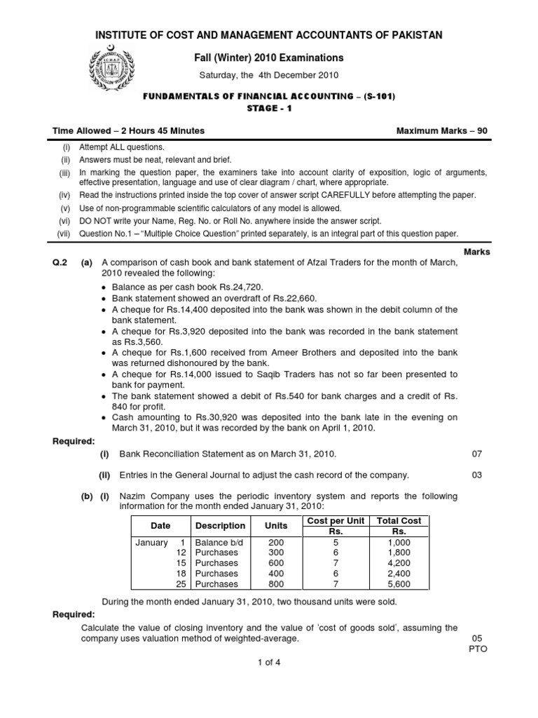 Financial Accounting Exam Paper S-101 | PDF