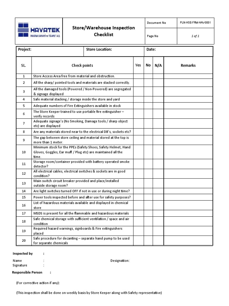 FR 001 Store-Warehouse Inspection Checklist | Download Free PDF ...
