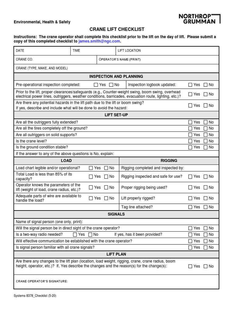Crane Lift Checklist: Date Time Lift Location Perator'S Name (Print ...