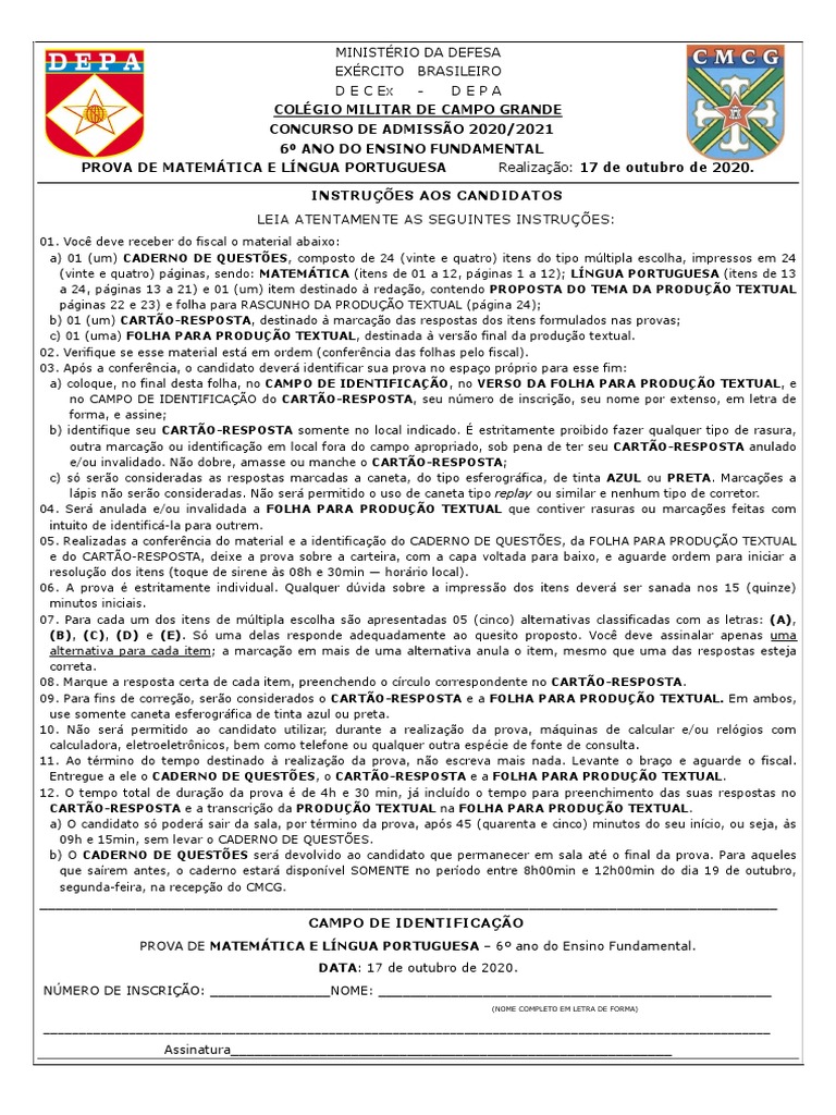 Prova - Mat - 6 Ano - 2020 - 2021 | PDF | Caneta | Tempo