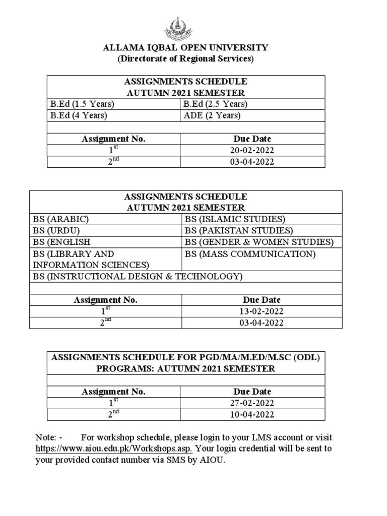 Assignments Schedule (B.Ed, BS & PG Programs) Autumn 2021 | PDF