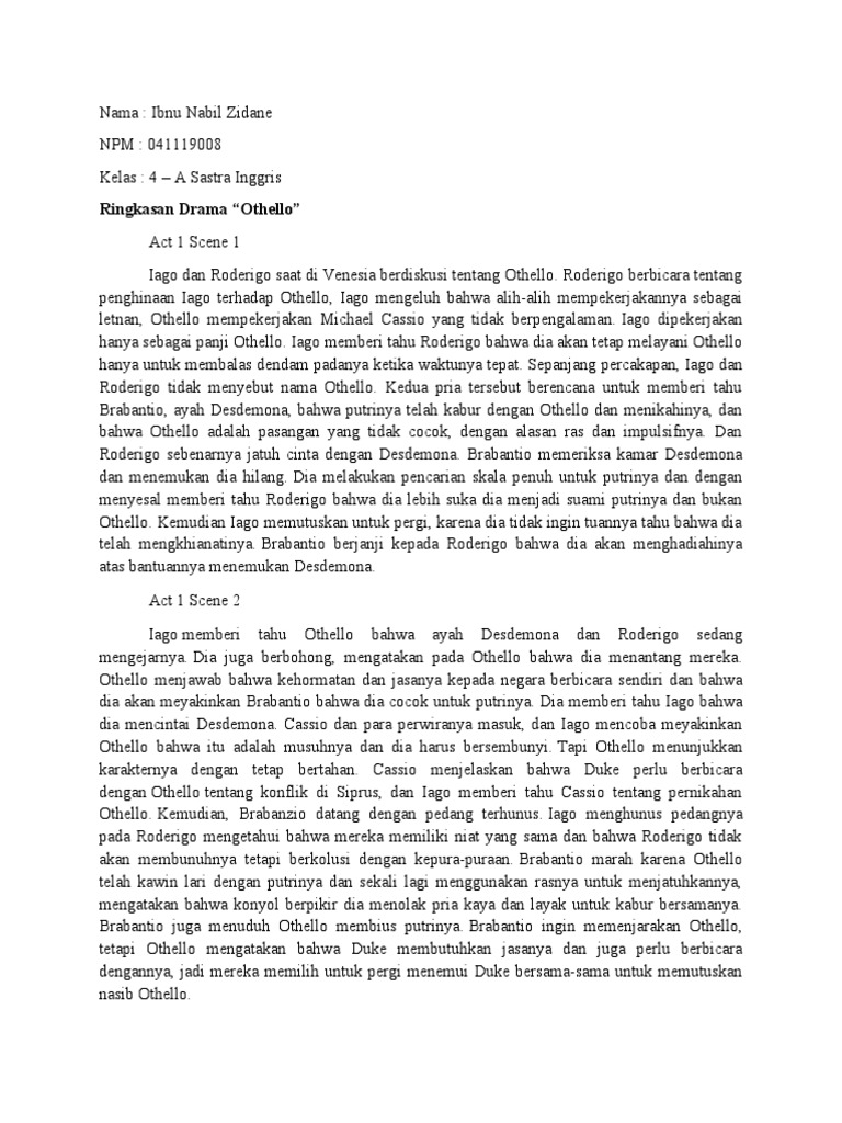 Sinopsis Drama Othello: Bagian Pertama | PDF | Klasik