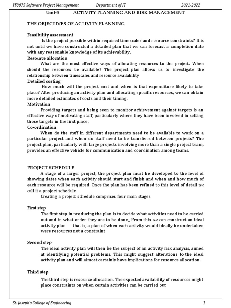 Unit-3 Activity Planning and Risk Management The Objectives of Activity Planning Feasibility ...