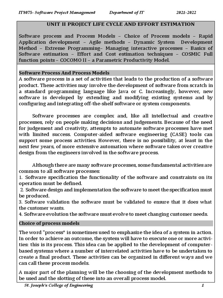 Unit Ii Project Life Cycle and Effort Estimation: IT8075-Software Project Management Department ...